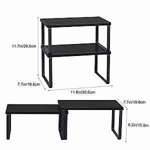 CADUKE Counter Shelf Organizer Set of 2, Wood Kitchen Cabinet Shelves, Expandable Cabinet Organizer, Stackable Countertop Storage Rack for Bathroom Pantry, Black