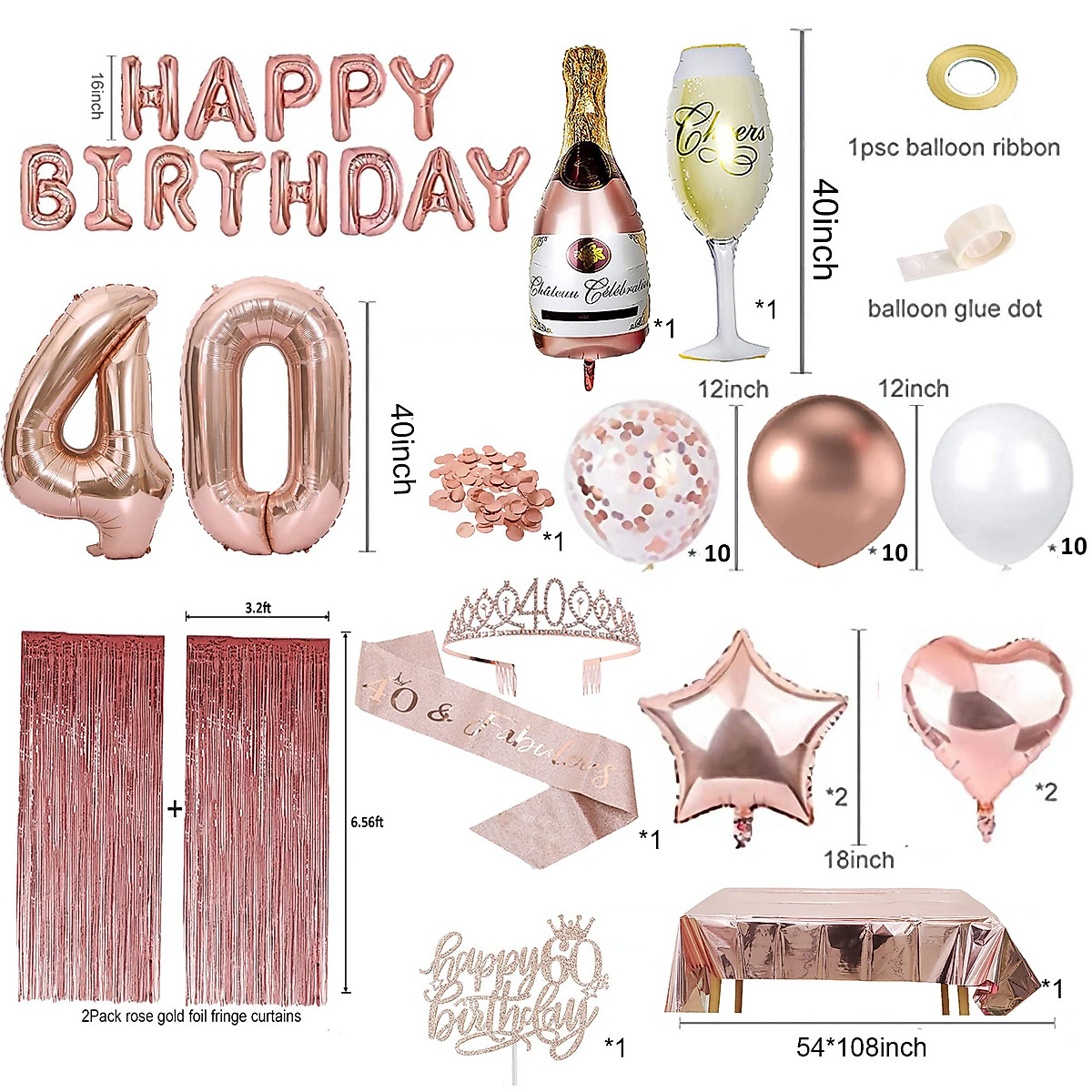 40th Birthday Decorations Women - Rose Gold 40 Birthday Decor for Her, Happy Birthday Banner, Table Cloth, Cake Topper, Bday Sash and Crown, Balloons Set for Forty Years Old Party Supplies