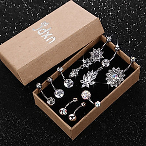 JDXN 6-8PCS 14G Stainless Steel Belly Button Rings CZ Pineapple Dangling Dangle Navel Ring Body Piercing (9PCS/SET Silver)