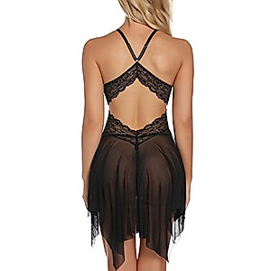 Donnalla Women Sexy Lace Lingerie Babydoll Chemise Boudoir Outfits Sleepwear (Black X-Large)