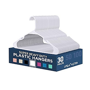 Lifemaster Plastic Clothes Hanger Set - 30 Pieces Versatile, Lightweight, Space-Saving, Non-Slip, Slim Designed, Dry and Wet Clothes Hanger Set - White