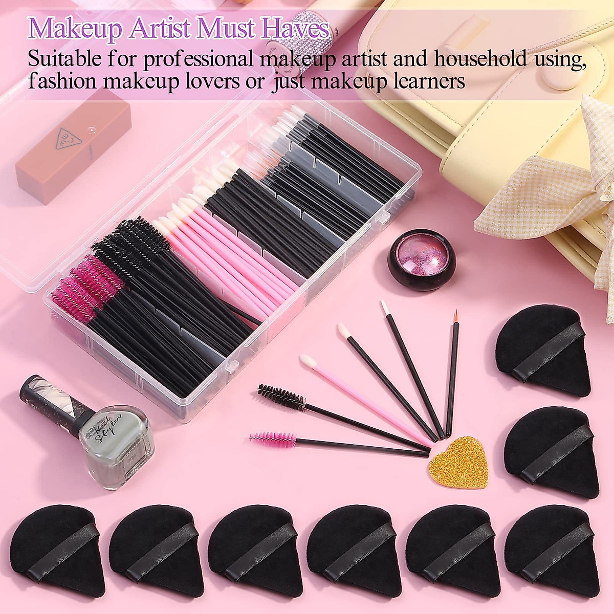 248 Pcs Disposable Makeup Applicators with Triangle Makeup Puffs, Mascara wands, Disposable Lip Applicators, Eyelash liner Brushes Disposable Makeup Applicator Kit for Makeup Artist Supplies