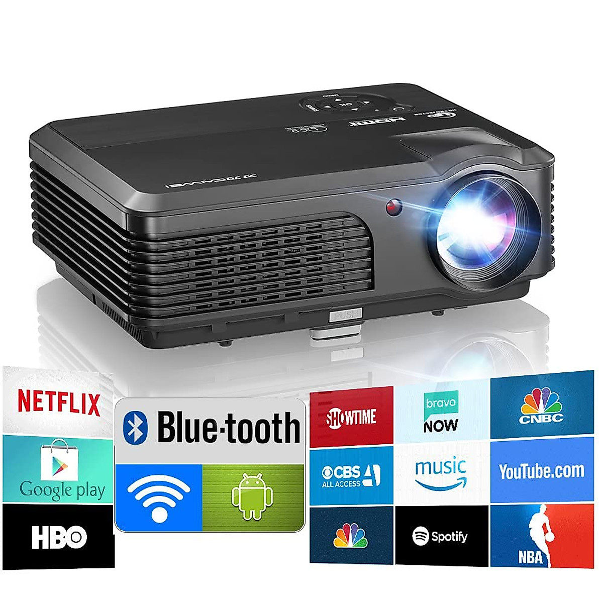 [-$151] 1080P Projector with WiFi Bluetooth, HD Outdoor Movie Projector Android OS 7500Lm Home Theater Support 4D Keystone/Zoom/200” Display Compatible with Phone/PC/Fire Stick/DVD/PS5/HDMI/USB