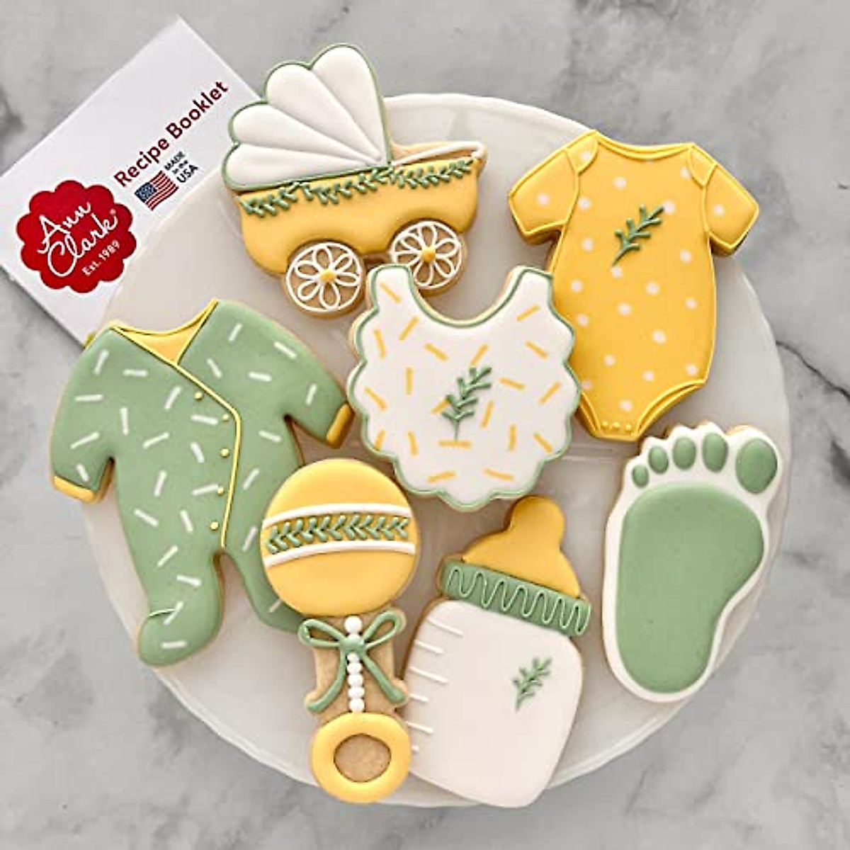 Ann Clark Cookie Cutters 7-Piece Baby Shower Cookie Cutter Set with Recipe Booklet, Onesie, Bib, Rattle, Bottle, Carriage, Foot and Footie PJs