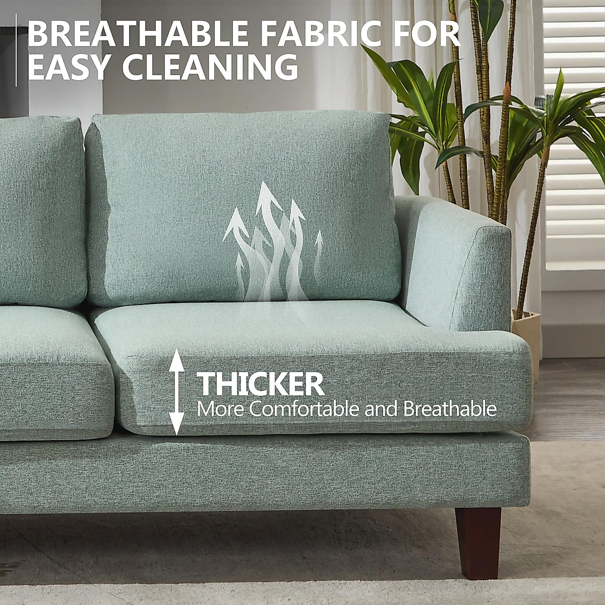 88" Sofa Couch with Deep Seats, 3 Seater Sofa with USB Charging and Side Pockets, Comfy Couches for Living Room with Armrests, Morden Sofa with 3 Soft Pillows for Home, Bedroom, Green