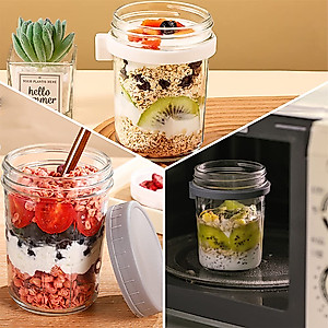 FHDUSRYO 3PCS Overnight Oats Containers with Lids and Spoon, 10oz Overnight Oats Jars, Large Airtight Oatmeal Container with Bag, Glass Mason Jars for Cereal Fruit Milk Salad Meal Prep (White+Grey)