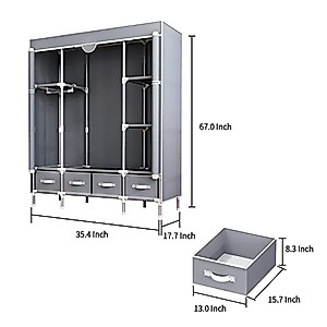 ASSICA Portable Clothes Closet Rolling Door Wardrobe with Hanging Rack Non-Woven Fabric Storage Organizer with Four Drawer Boxes No-Tool Assembly - 59.0 x 17.7 x 67.0 ‘’ (Gray)