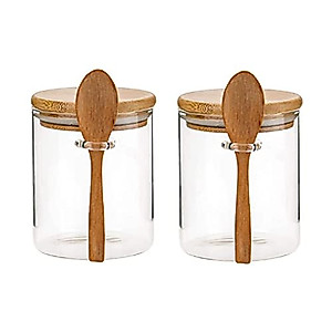 Piscepio Glass Jar Containers with Bamboo Airtight Lid Wooden Spoon Scoop Food Storage Canister Clear Glass Containers Kitchen Organization Jars 2 Pcs 18.5 OZ