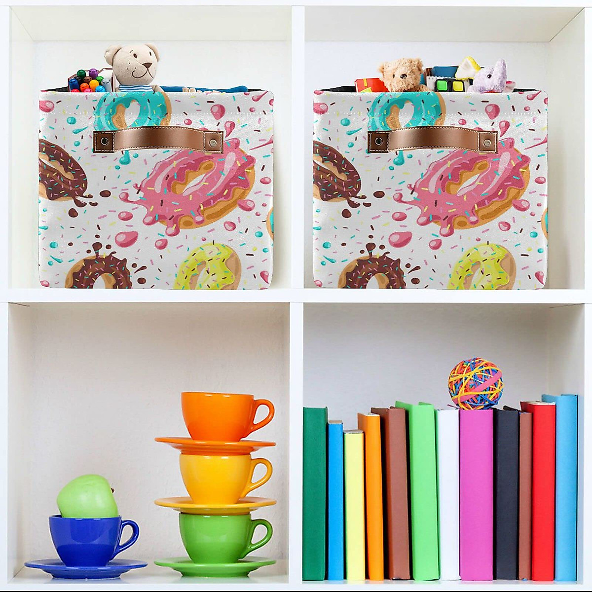 xigua Donut Storage Basket Storage Bin Organizer Basket, Foldable Rectangular Storage Box with Handles for Home Office