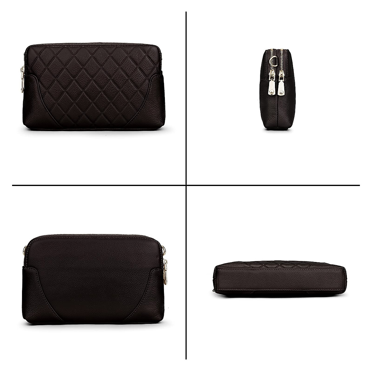 YALUXE Womens Wristlet Real Leather Quilted double zippers Large Clutch Wallet Shoulder Strap