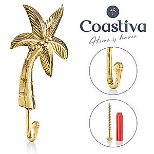 Coastiva Brass Palm Tree Decorative Wall Hook, Coastal Home Decor for Towel Holder in Bathroom, Wall Mounted Nautical Style Hooks for Hanging Coat, Robe, Bag, Towels, Hat, Purse and Key
