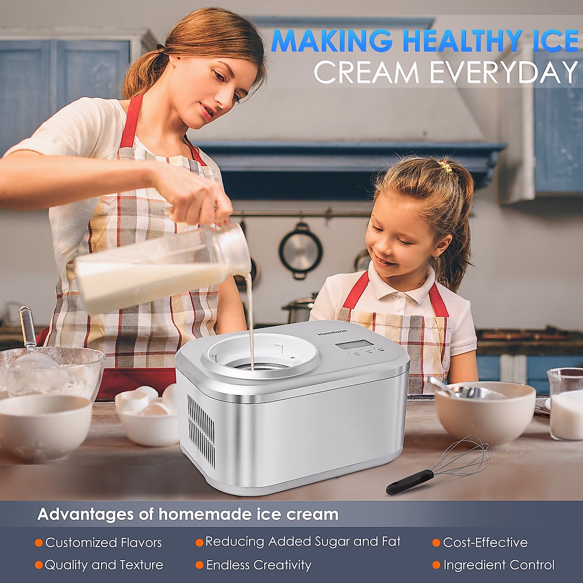 Homtone Ice Cream Maker 1 Quart, No pre-Freezing Automatic Ice Cream Yogurt Machine with Built-in Compressor and LCD Timer for Making Ice Cream,Gelato,Frozen Yogurt in 30-60 min