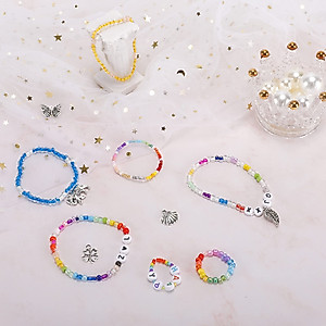 QUEFE 6480pcs Glass Seed Beads 4mm Bracelet Beads for Jewelry Making Kit, Small Waist Craft Beads, 260pcs Alphabet Letter Beads with Elastic String Cords and Charms