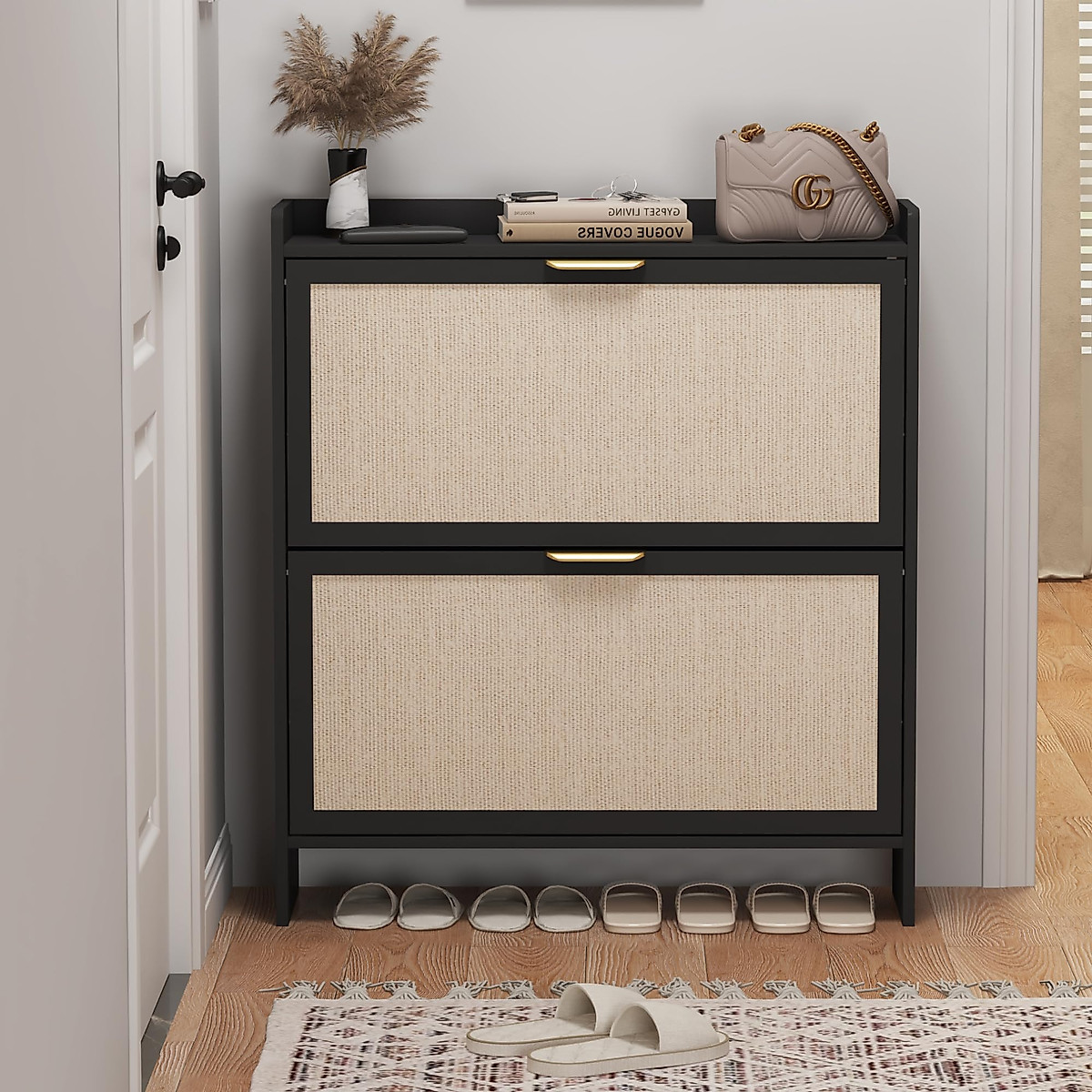 GRENMEY Shoe Cabinet, Shoe Storage Cabinet with 2 Flip Drawers and Handles, Freestanding Narrow Organizer for Living Room, Entryway and Hallway (Black)