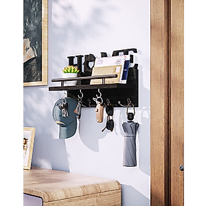 SWTYMIKI Key Hooks for Wall with Home Decoration, Wood Mail Organizer with Key Holder and Mail Holder Design, Wall Mounted Key Hanger Suitable for Entryway, Front Door, Hallway, Office, Black