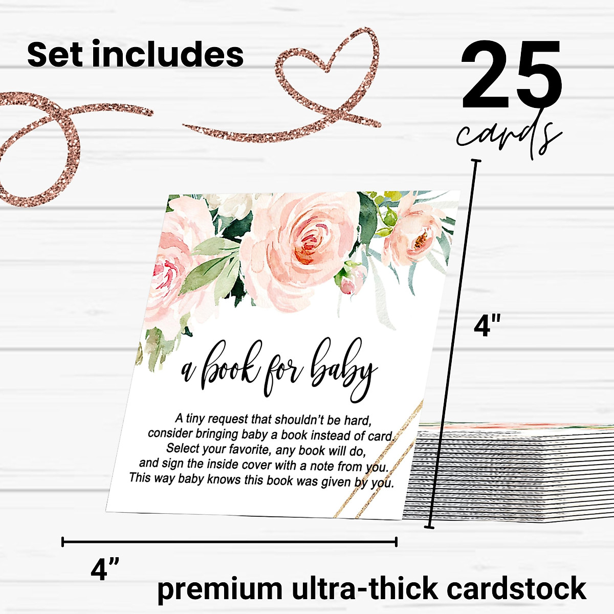 Graceful Floral Books for Baby Shower Cards - 25 Pack - Invitation Inserts for Girls - Bring a Book Instead of Cards Poem - Cute Storybook Theme Ideas