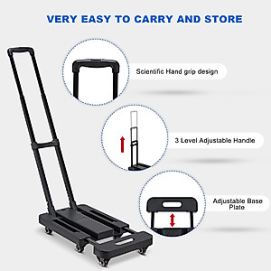 Outspurge Folding Hand Truck Dolly 600LB ，Portable Dolly for Heavy Duty Moving Luggage Carts with 6 Wheels Dolly with Handle 2 Elastic Rope for Travel, Moving, Shopping,Office Use