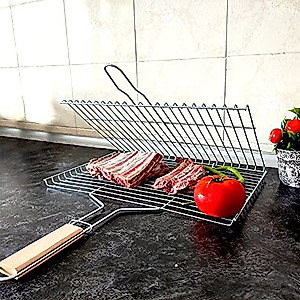 Grilling Basket for Outdoor Grill, Barbecue Basket for Fish, Steak, Chicken, Vegetables, Shish Kabob and Shrimp, Large Lockable Basket with Wooden Handle, Sturdy BBQ Accessories, 11 x 18 in