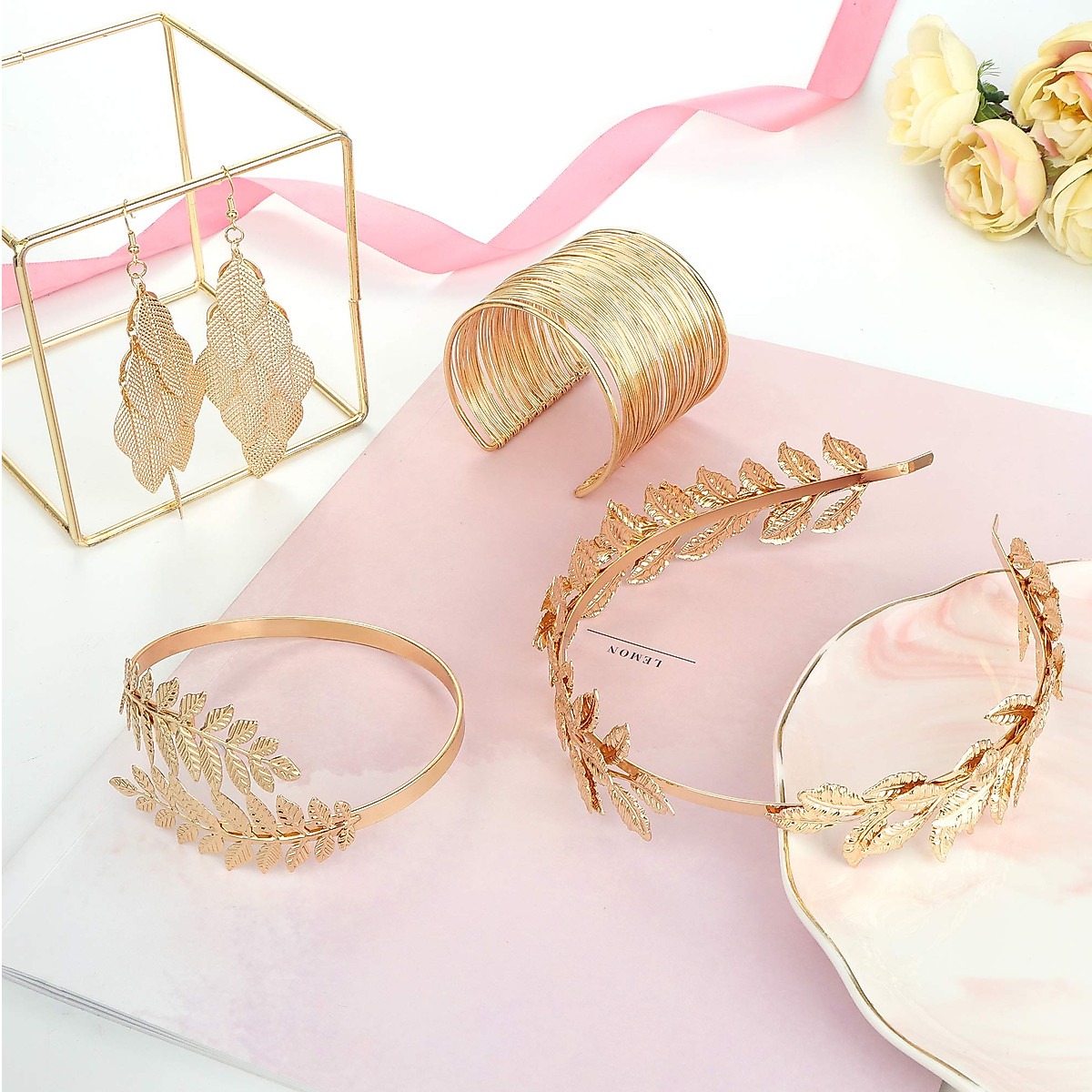 Jstyle Grecian Goddess Costume Accessories Set for Women Leaf Headband Coil Upper Arm Bracelet Dangle Earrings for Wedding Toga Party