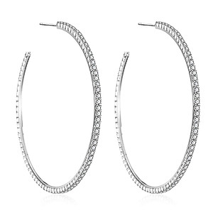 925 Sterling Silver 18K White Gold Plated Open C Hoops Earrings 2", Crystal Rhinestone Earring for Women