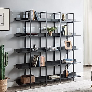 KIVENJAJA Triple Wide 5-Tier Bookshelf, Industrial Display Bookcase with Metal Frame, Tall Open Storage Book Shelves for Bedroom, Living Room, Home Office (Black)