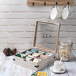 AHUONEL Tea Box Organizer Tea Bag Holder, 9 Compartments Rustic Tea Storage Box, Tea Chest Tea Organizer Container for Tea Bags, Creamers, Sugar, Coffee Pods, Instant Coffee Packets (Gray)
