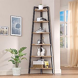 Lulive 6 Tier Corner Shelf, 68.9" Industrial Tall Corner Ladder Shelf Stand, Corner Bookshelf Bookcase for Living Room, Home Office, Balcony, Small Space