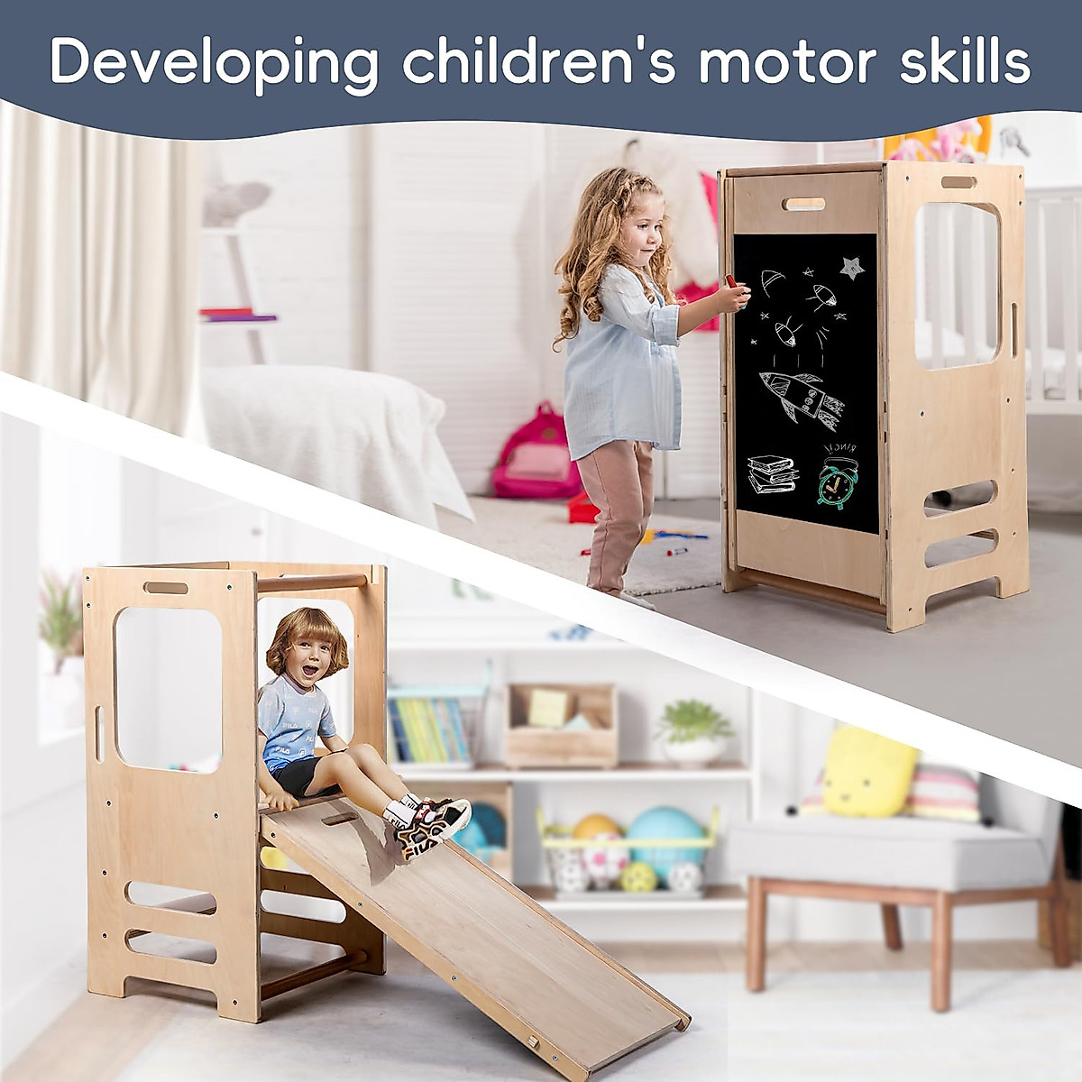 Kitchen Step Stool for Toddler with Kids,Wooden Montessori Learning Stool,with Drawing Board and Educational Number Stickers & Slide,Help Children Stand Tower and Improving Enlightenment Education