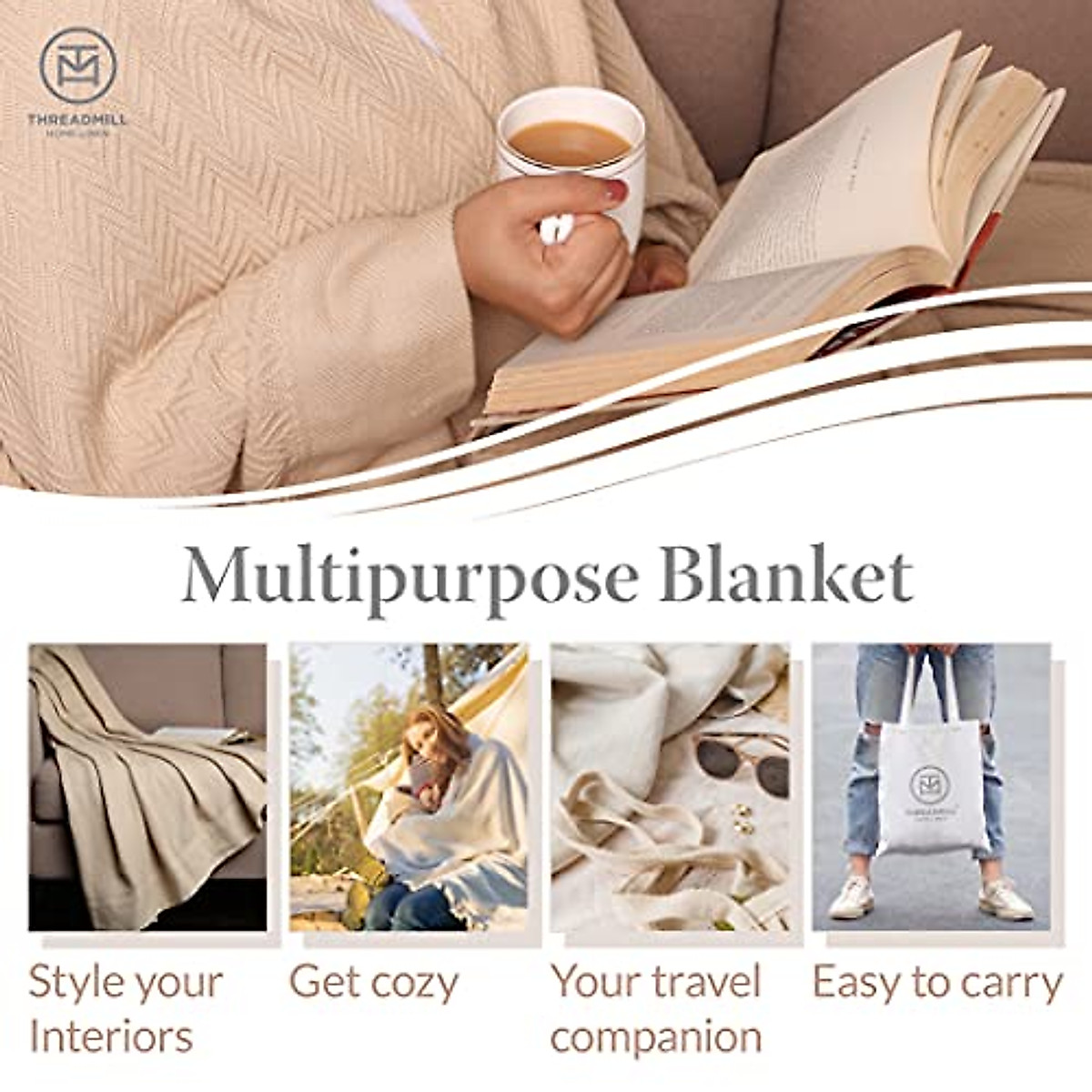 Threadmill Home Linen Multipurpose Blanket - 1 Piece Herringbone 100% Extra Long Staple Cotton, Scottish Grey