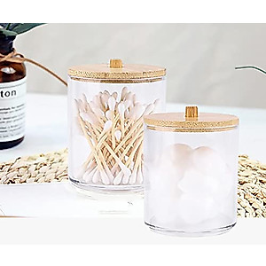 JIEQIJIAJU 2 Pack Acrylic Qtip Holders, Large Cotton Round Holder with Bamboo Lid Clear Apothecary Jars Bathroom Canister Storage for Q-Tips, Cotton Pads & Swab, Hair Ties, Makeup Brush Organizing