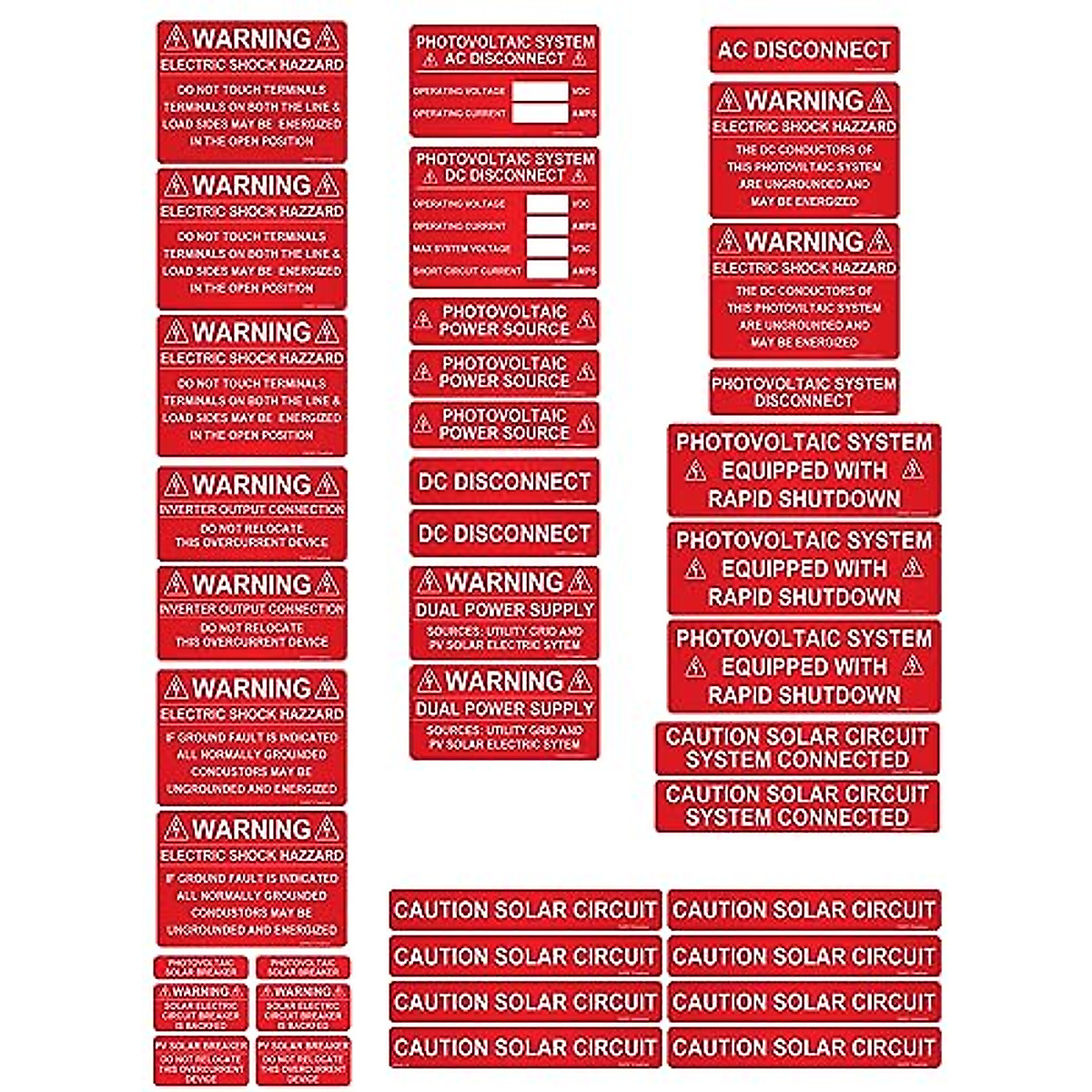 PV Solar System Install Label Kit | 40 Pack | 2020 | 2017 Photovoltaic Safety Labels | Electrical Panel Labels |Photovoltaic System Labels | Solar PV Safety Warning Pack