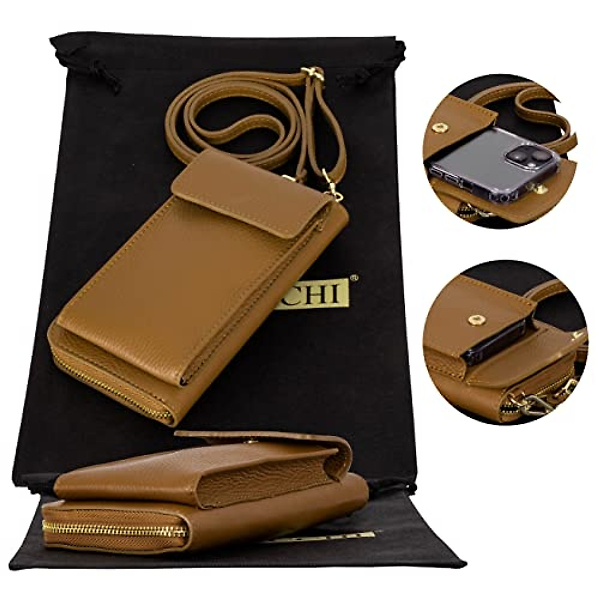 PRIMO SACCHI Womens Cell Phone & Wallet Crossbody Purse Dark Tan Italian Leather