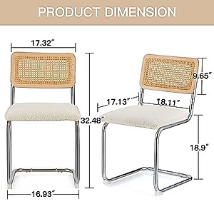 SWHSE 32.5" Rattan Dining Chairs Set of 4, Upholstered Boucle Mid-Century Modern Dining Chairs Set of 4 with 3-Layer Thickened Cushion and Galvanize Tube Frame for Dining Room, Kitchen (White Boucle)
