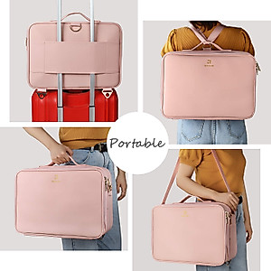 MONSTINA Cosmetic Bags 3 Layer Cosmetic Organizer Makeup Case Beauty Artist Storage Brush Box with Shoulder Strap (Large, PU Leather pink)