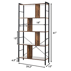 Giantex 4-Tier Bookshelf, Industrial Style Bookcase with Metal Frame, Free Standing Storage Display Shelves, Home Office Study Storage Rack Shelves with Dividers, Wood Shelving Unit (Rustic Brown)
