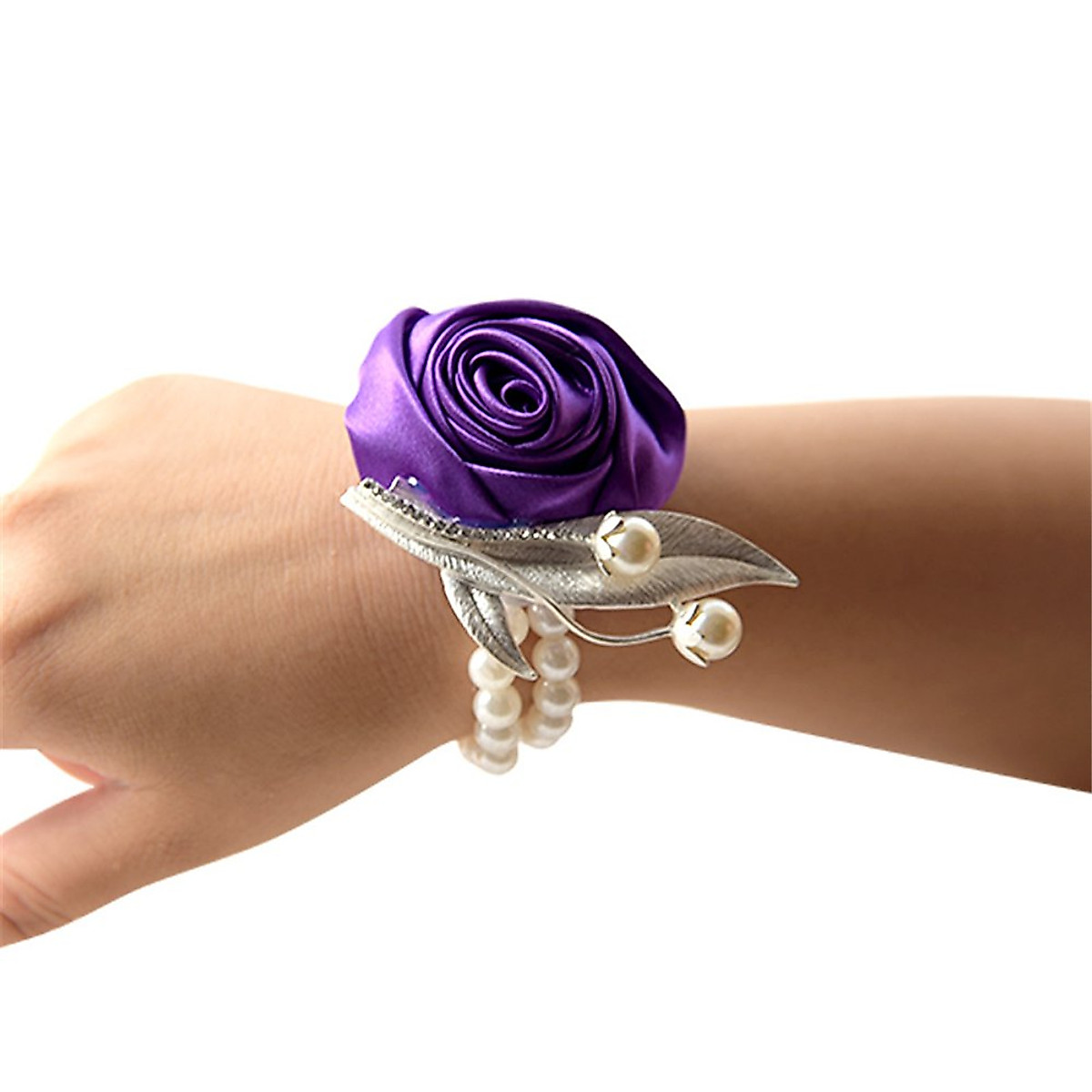 USIX 2pc Pack-Handmade Satin Rose Wrist Corsage with Elastic Lace Wristband for Girl Bridesmaid Wedding Wrist Corsage Party Prom Flower Corsage Hand Flower (Purple)