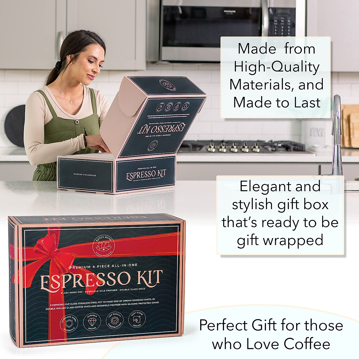 Ranza Home Moka Pot Stovetop Espresso Maker Set, With 9 Cup Coffee Percolator Pot, 2x Glass Coffee Mugs (12oz) and Milk Frother for Coffee. Stove Top Cafetera Greca, Cuban or Italian Coffee Maker