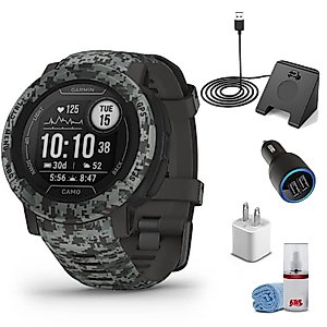 Garmin Instinct 2 - Camo Edition Smart Watch Graphite Camo + Watch Charging Stand + USB Car/Wall Adapter + 6Ave Cleaning Kit (010-02626-13)