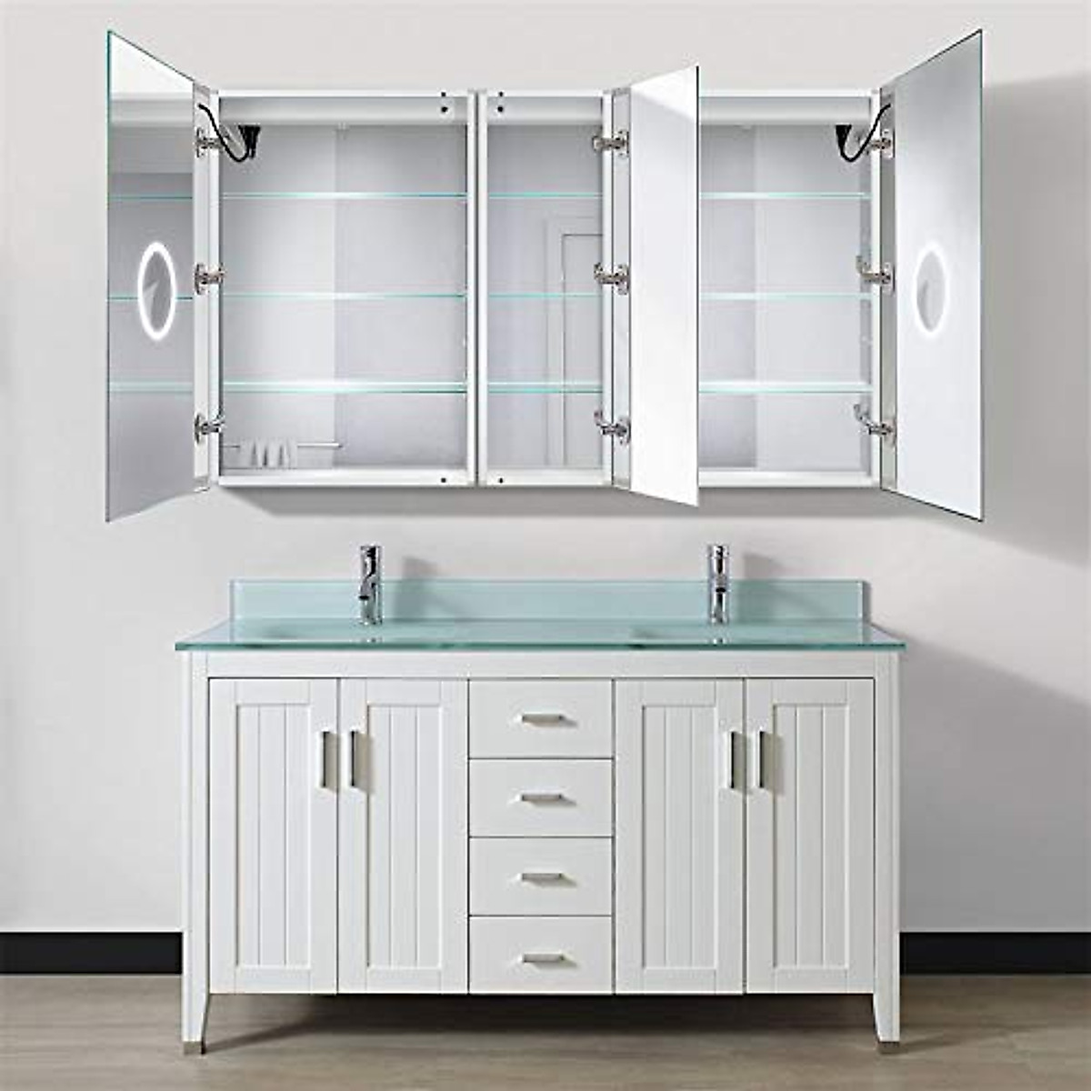 Krugg Large LED Medicine Cabinets with Defogger, Dimmer, 3X Makeup Mirror, Outlet & USB (60 x 36 Left Right Right)