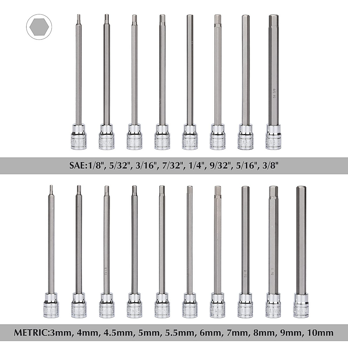 EMENTOL 18PCS 3/8" Drive Long Hex Bit Socket Set, CR-V, S2 Steel, SAE/Metric, Extra Long Allen Hex Bit Socket Set, 1/8 Inch - 3/8 Inch, 3mm - 10mm