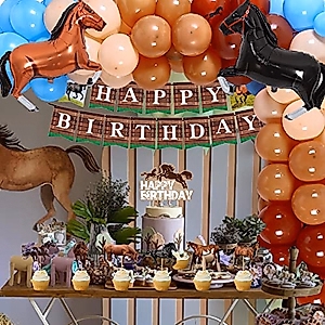 Horse Birthday Party Decorations, Cowboy Birthday Party Supplies for Boys - Horse Racing Theme Happy Birthday Banner Cake Cupcake Toppers Brown Blue Balloon Garland Arch Wild Horse Foil Balloons