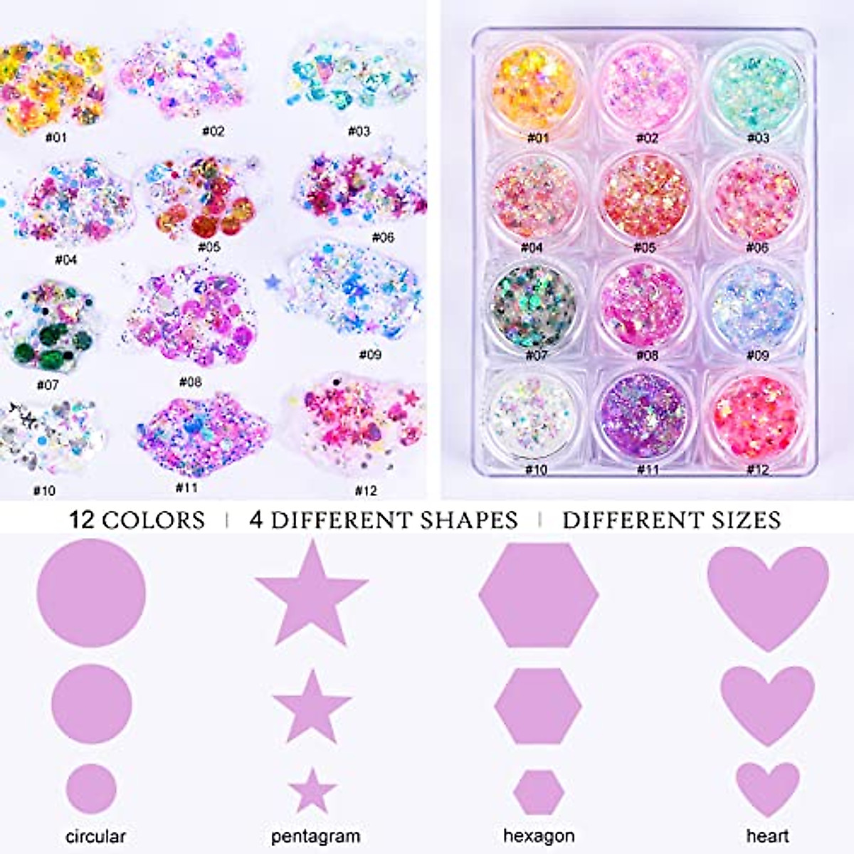Ownest 12 Colors Holographic Chunky Glitter Gel Set, Christmas Party Makeup Face Body Eye Lips Hair Nail Cosmetic Festival Chunky Glitter Eyeshadow, Mixable, No Need Glue