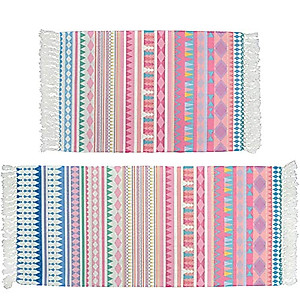 Lacomfy 2PC Cotton Area Rug Sets Pink Boho Printed Tassels Door Mat 2'x3'+2'x4.3' Hand Woven Outdoor Runner Rugs Washable Braided Rug for Kitchen Entryway Bathroom Laundry Room