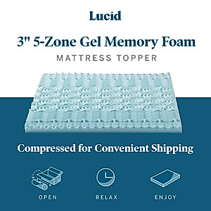 Lucid 3 Inch Mattress Topper Full – Memory Foam Mattress Topper Full – 5 Zone Gel Infusion – CertiPur Certified Foam – Dorm Room Essentials