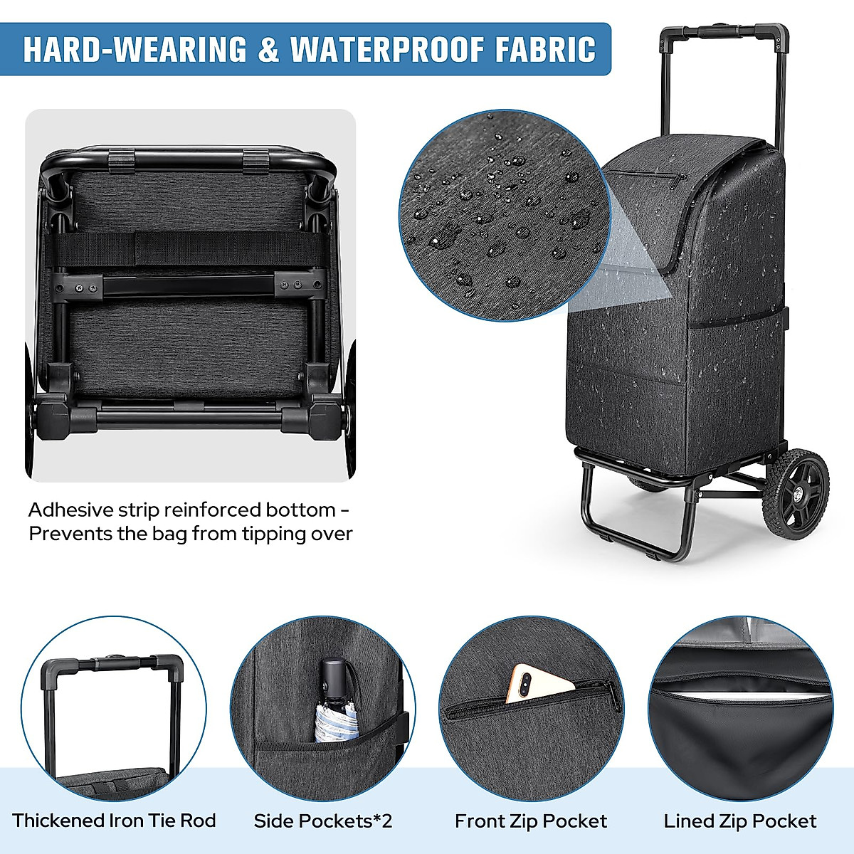 KEDSUM 2 in 1 Shopping Cart for Groceries, 330 lbs Luggage Cart, Portable Utility Shopping Cart with Wheels, Heavy Duty Grocery Cart, Dolly with a Black Removable Waterproof Bag for Moving, Camping