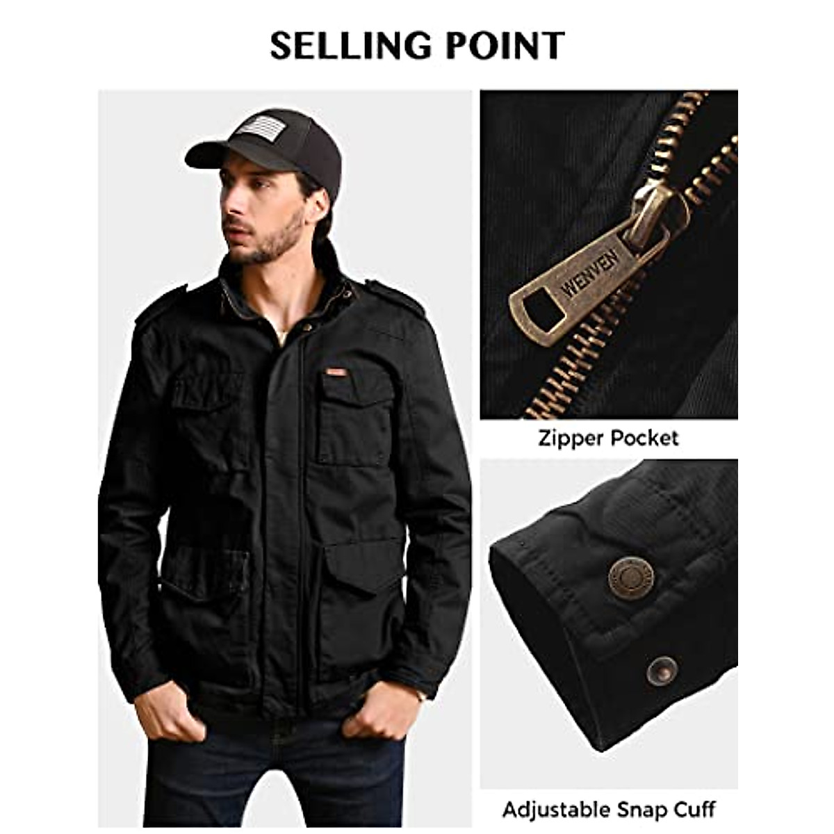 WenVen Men's Washed Cotton Canvas Safari Jacket Spring Military Coat (Black, L)