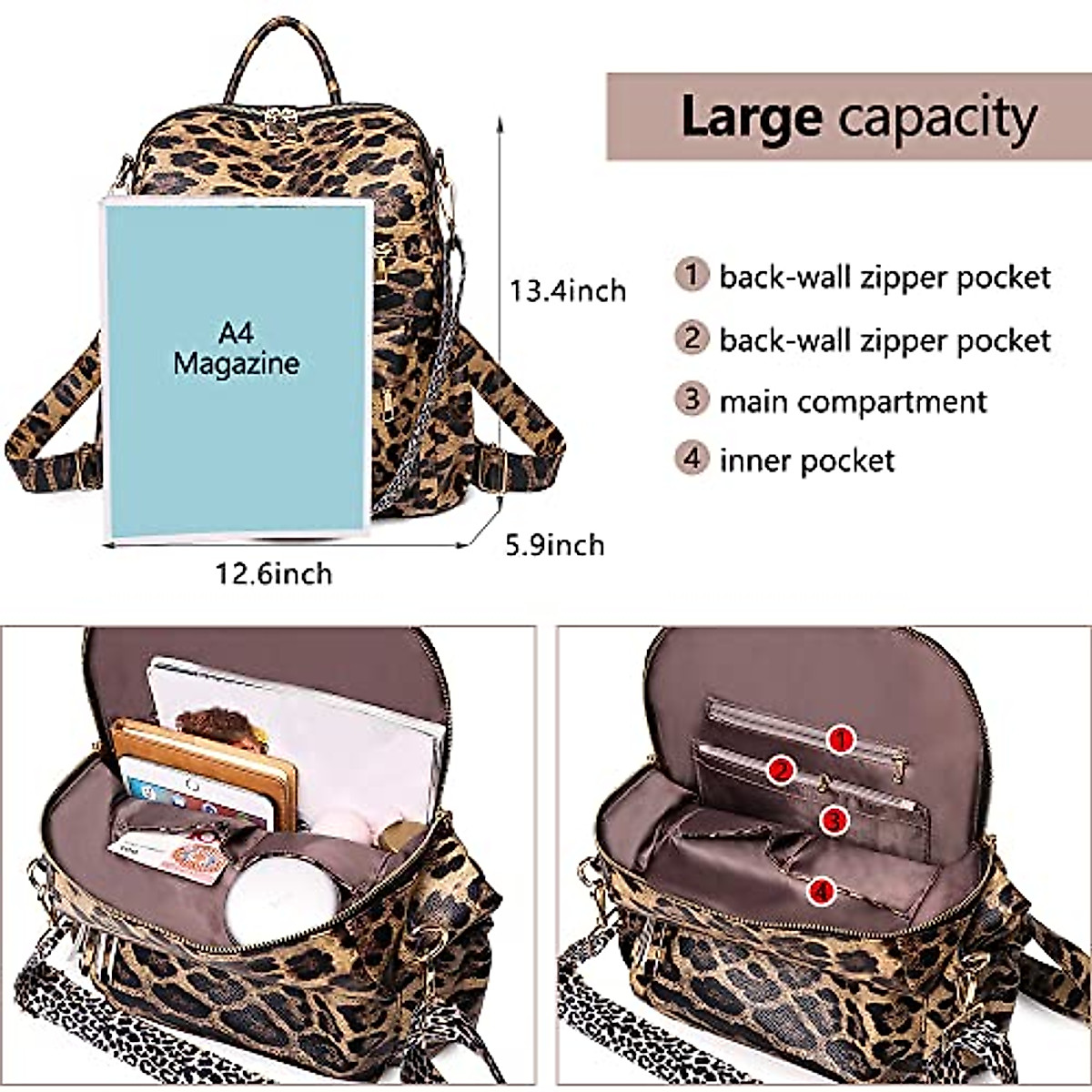 Women Fashion Backpack Purse, Convertible Daypack Colorful Strap Shoulder Handbags (Leopard Tassel)
