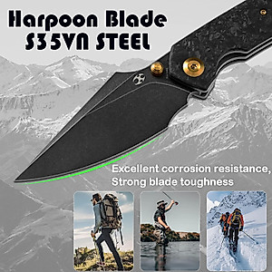 KANSEPT Fenrir Pocket Folding Knives for Men Women EDC Camping Folding Knives 3.48'' CPM-S35VN Blade with Shred Carbon Fiber Titanium Handle Everyday Carry K1034A1