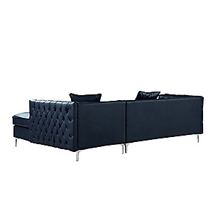 Iconic Home Da Vinci Right Hand Facing Sectional Sofa L Shape Chaise PU Leather Button Tufted with Silver Nailhead Trim Silvertone Metal Leg with 3 Accent Pillows, Modern Contemporary, Navy