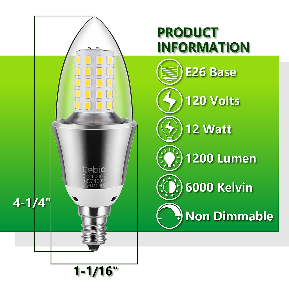 tebio E12 Base LED Bulbs, Daylight 6000K Candelabra led Light Bulbs, Corn led Bulbs 100 watt Equivalent 8 Pack, Non-Dimmable, UL Listed, 1200 Lumens, Cool White Light Bulbs